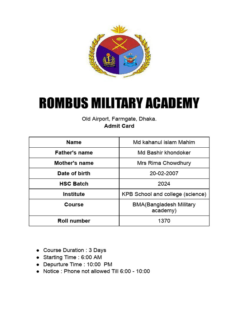 Rombus Military Academy: Admit Card Name Father's Name Mother's Name ...