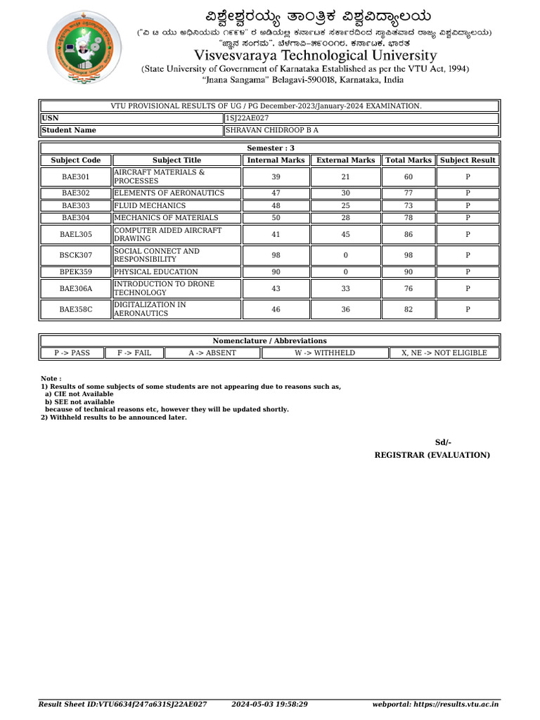 VTU Provisional Results Sheet | PDF