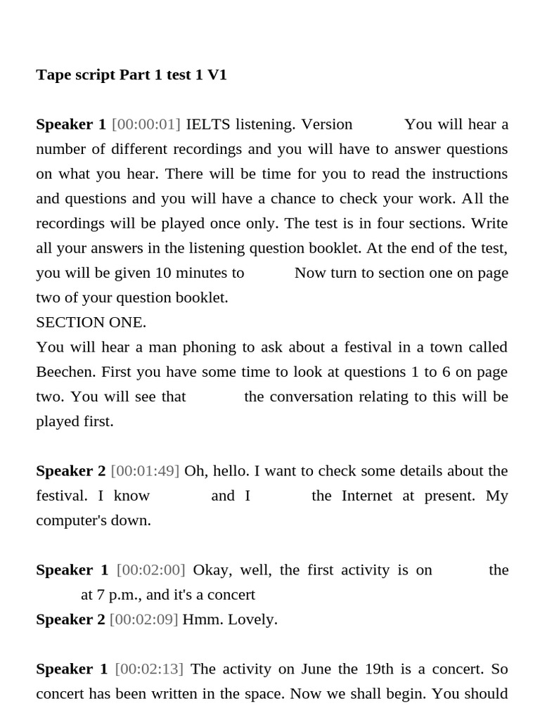 Tape Script Part 1 Test 1 V1 | PDF