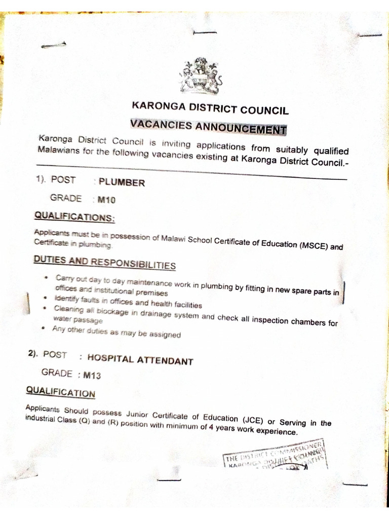 Karonga District Vacancies | PDF