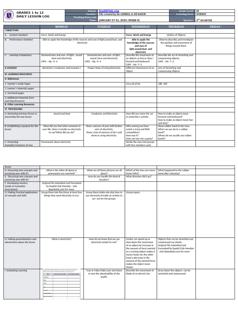 Grade 3 Science Daily Lesson Plan | PDF | Learning | Teachers