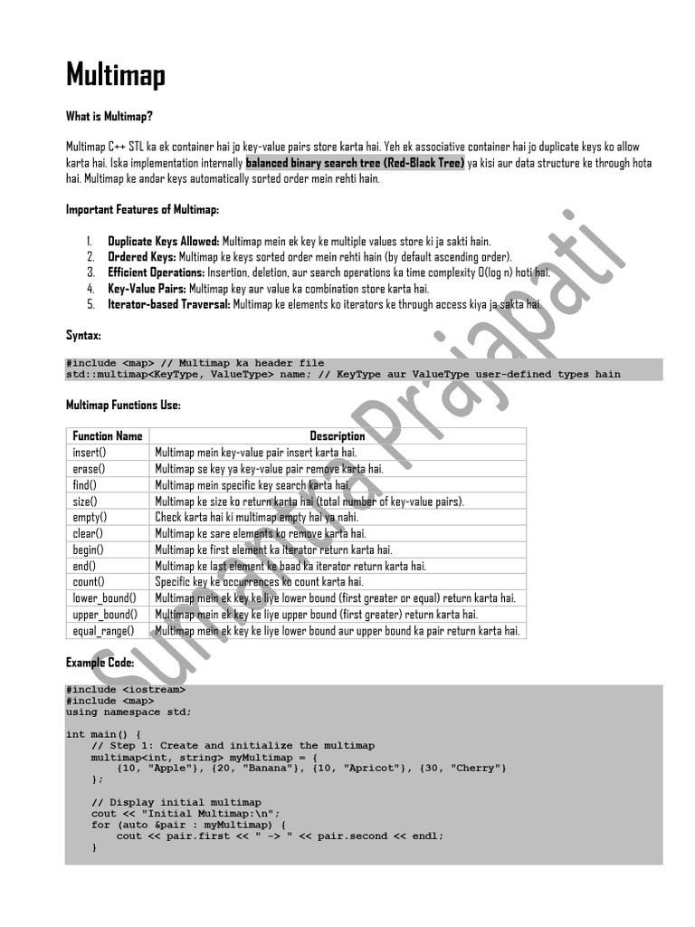 Multimap C++ Hinglish notes | PDF | Software Engineering | Computing