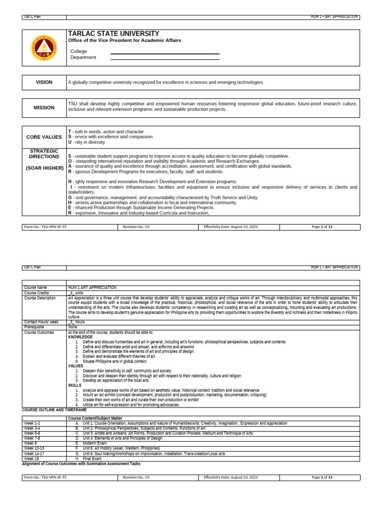 OBTL PLAN HUM 1 | PDF | Educational Assessment | Liberal Arts Education