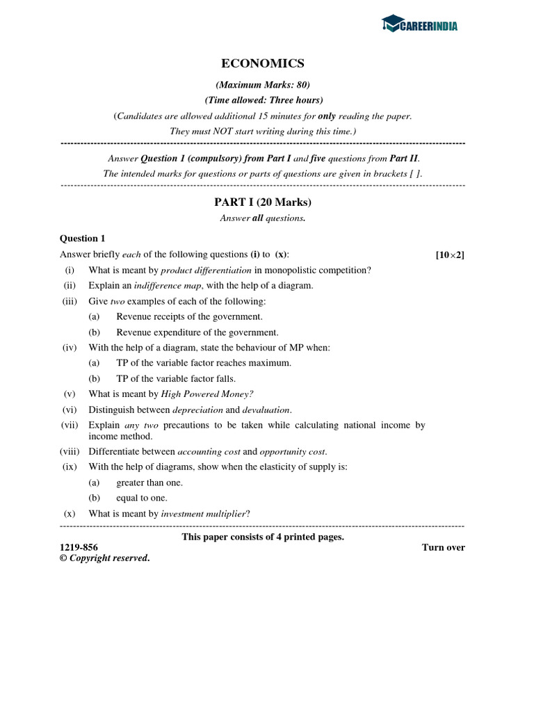 ISC Class 12 Economics Question Paper - 2019 | PDF | Demand | Economic ...