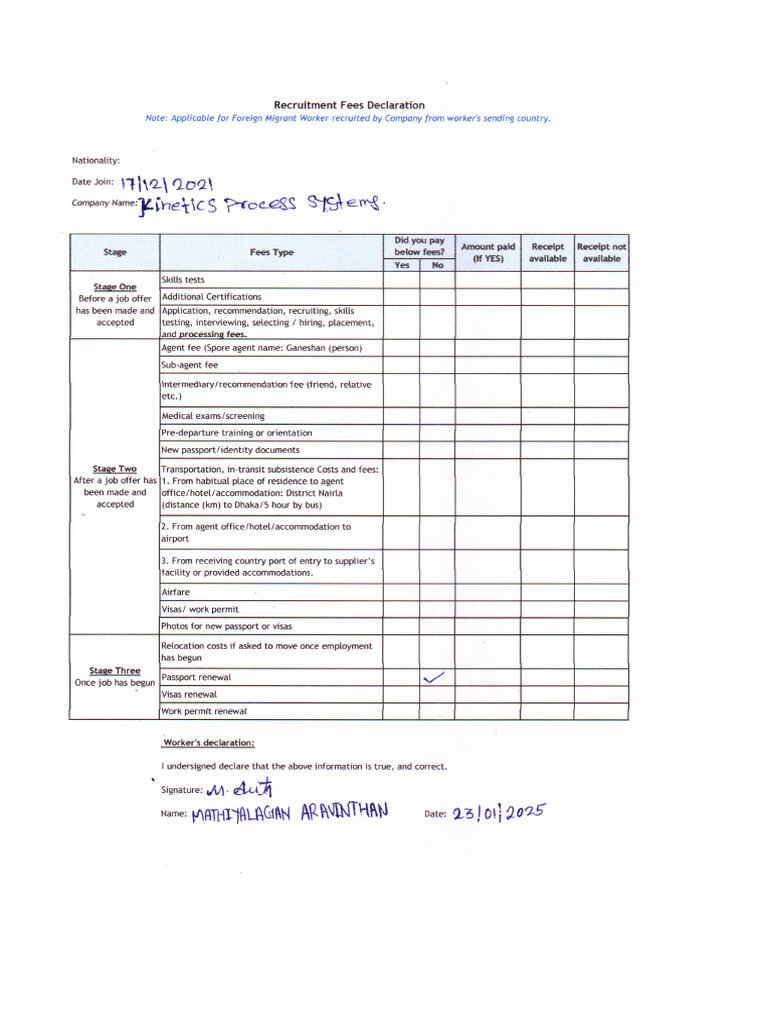 Recruitment Fees Declaration Form | PDF