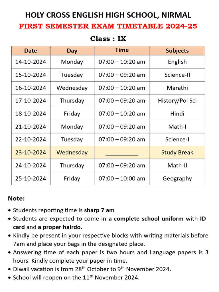 Holy Cross High School Class IX Exam Timetable | PDF