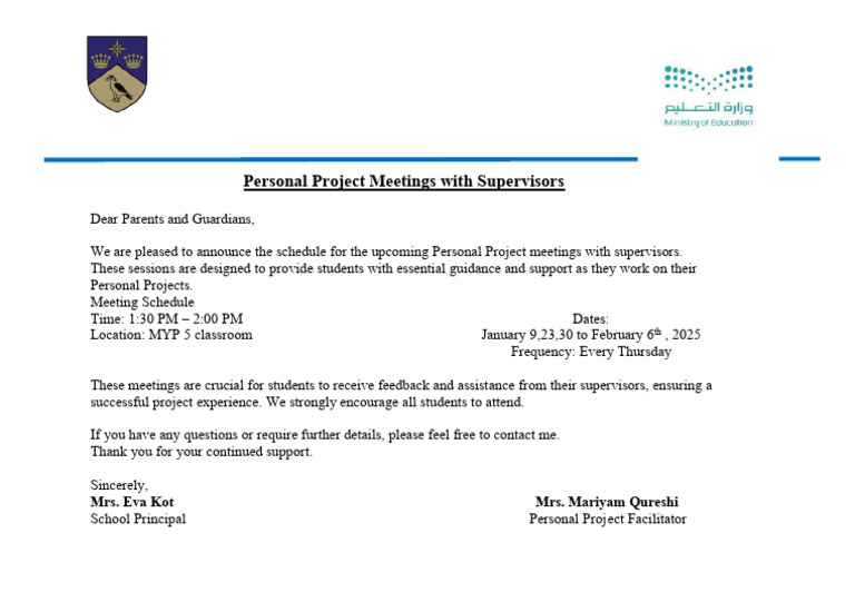 Letter To The Parents For Personal Projecrt Meeting. | PDF