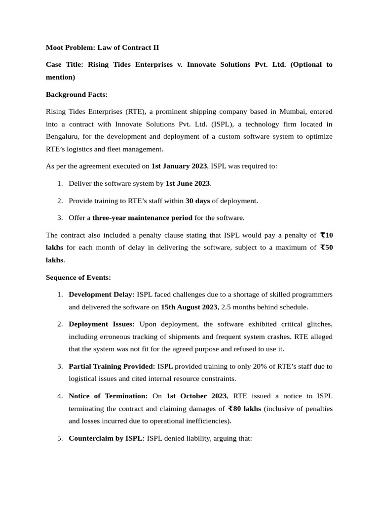 Contract-II Moot Problem BBABA, Bcom | PDF | Breach Of Contract | Legal ...
