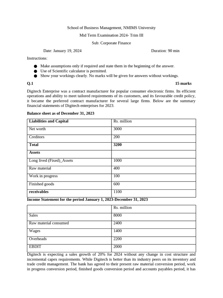 QP CF 2024 Mid Term | PDF | Cost Of Capital | Investing