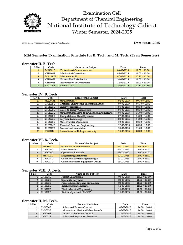 CHED TimeTable BTech MTech Mid Sem Winter 24 25 | PDF | Chemical Engineering | Process Engineering