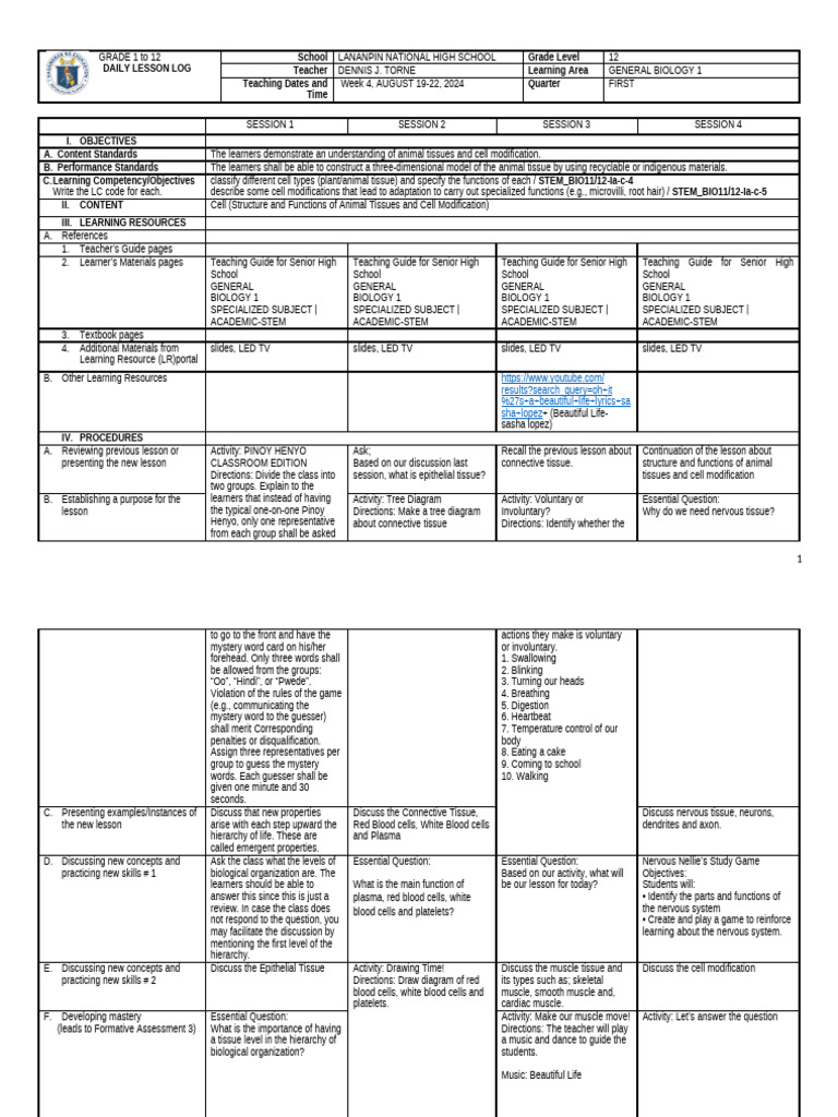 Q1 General Biology 1 Week 4 | PDF | Muscle | Tissue (Biology)