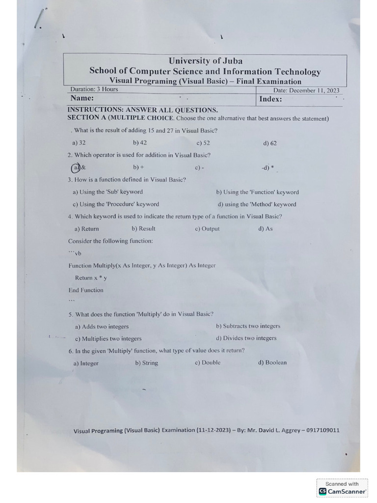 Visual Programming Past Paper | PDF