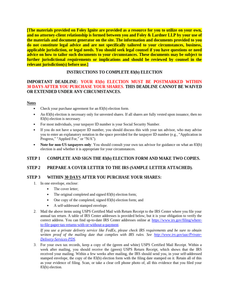 Foley Ignite Form 83b Filing Instructions and Cover Letter Last Revised ...