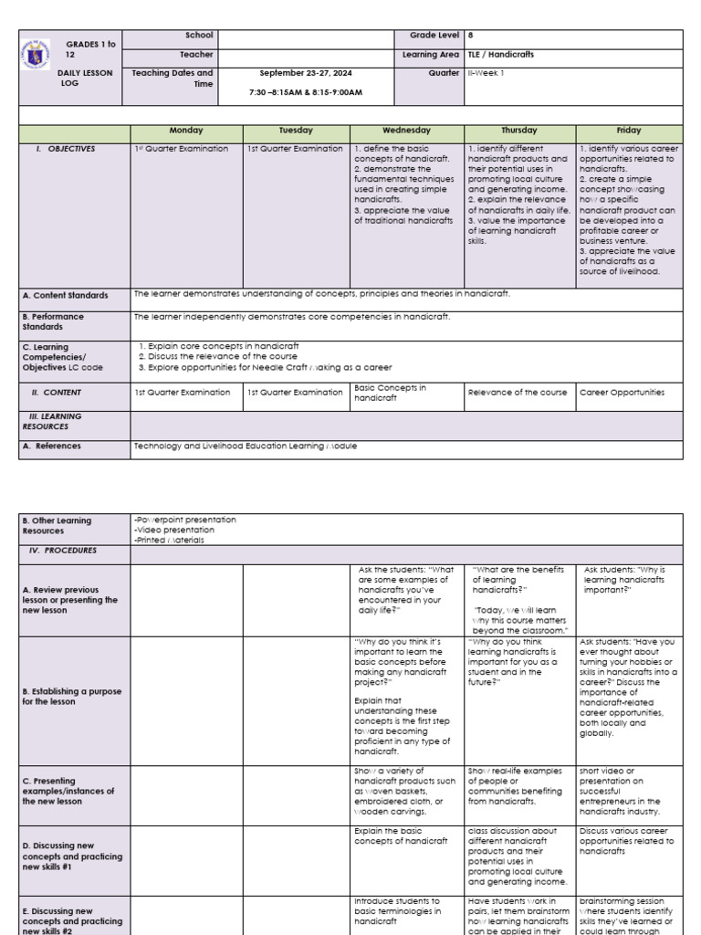 DLL Handicrafts (Sept 23-27) | PDF | Learning | Human Communication