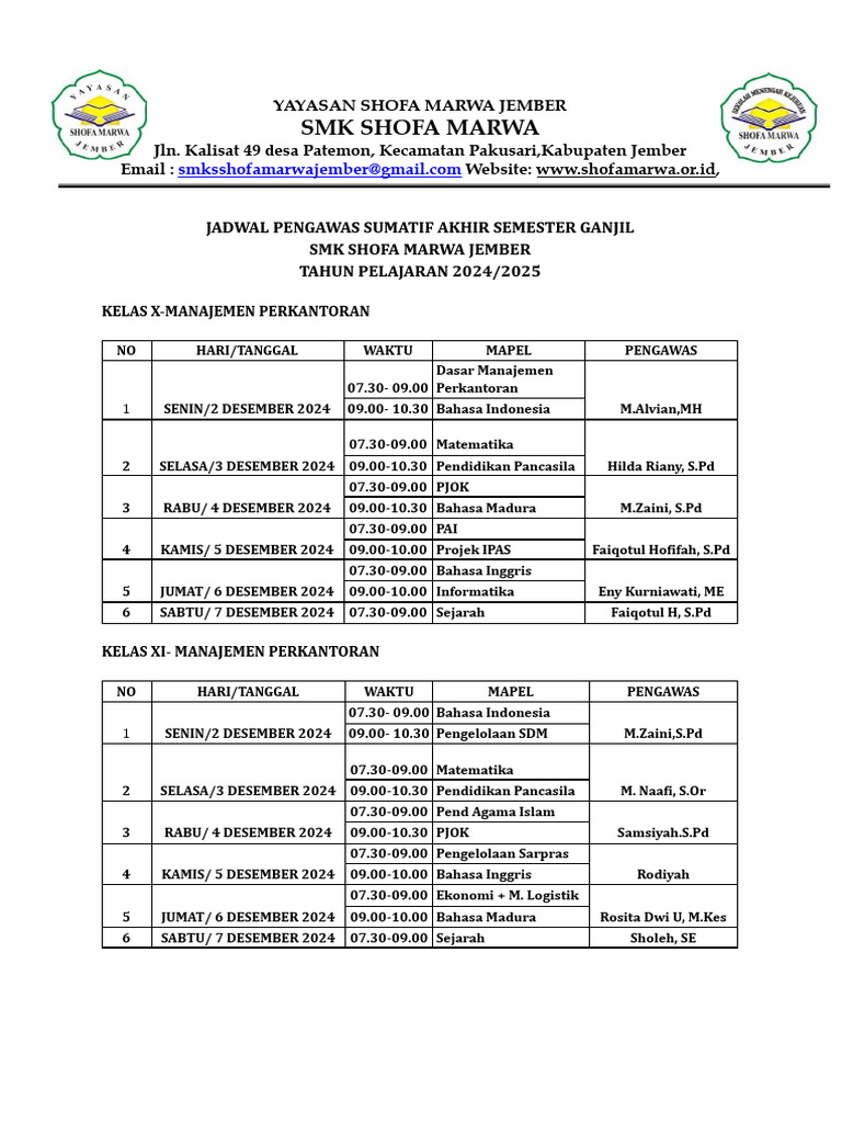 Jadwal Pengawas Sumatif Akhir Semester Ganjil 2024 - 2025 | PDF