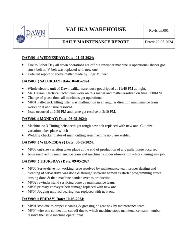 Daily Maintenance Report | PDF | Mechanical Engineering | Manufactured Goods