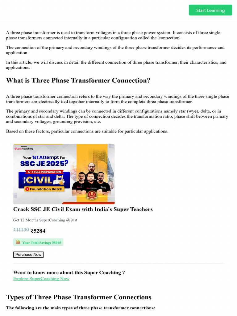 Three Phase Transformer Connections - Know Types, & Diagram | PDF