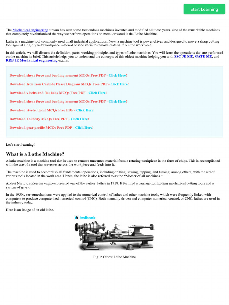 Lathe Machine - Learn The Working With Parts and Applications | PDF