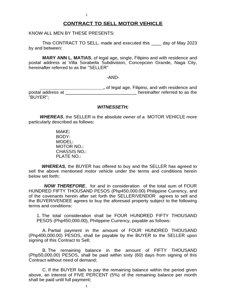 Motor Vehicle Sale Contract Template | PDF | Private Law