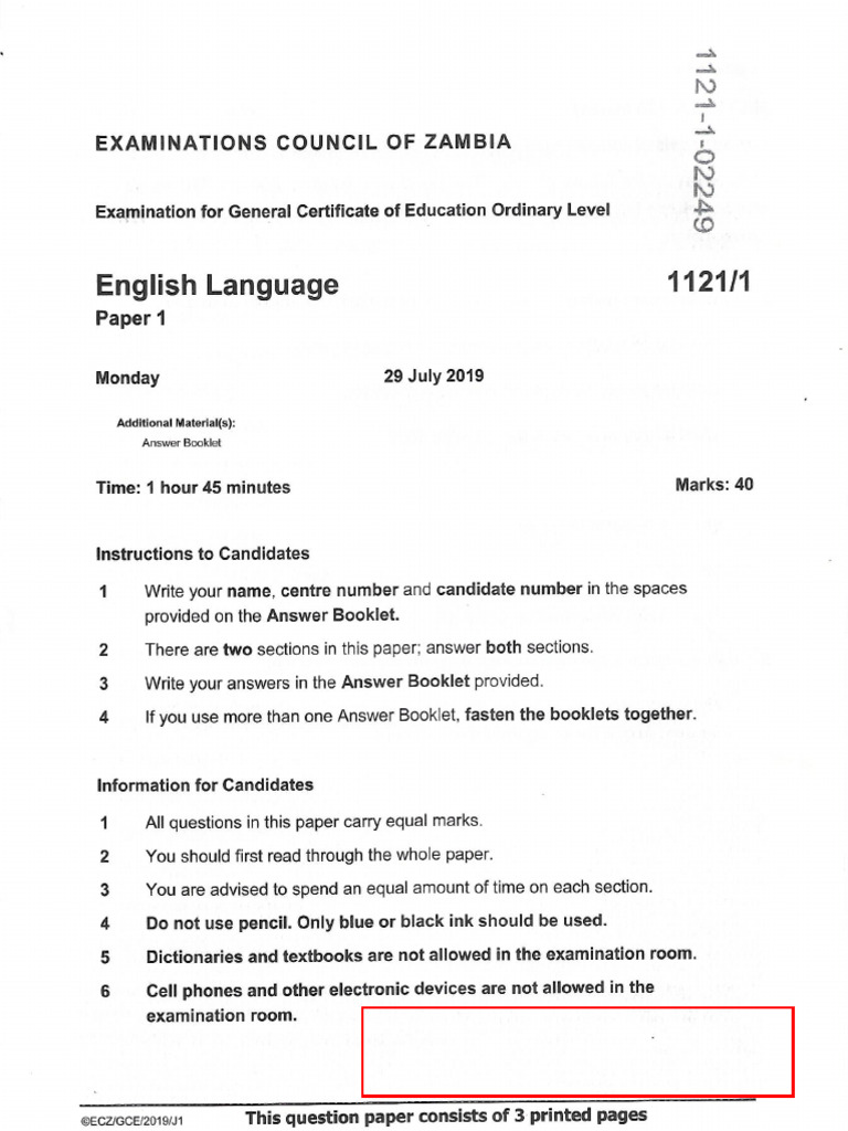 ECZ 2019 Grade 12 English Language Paper | PDF