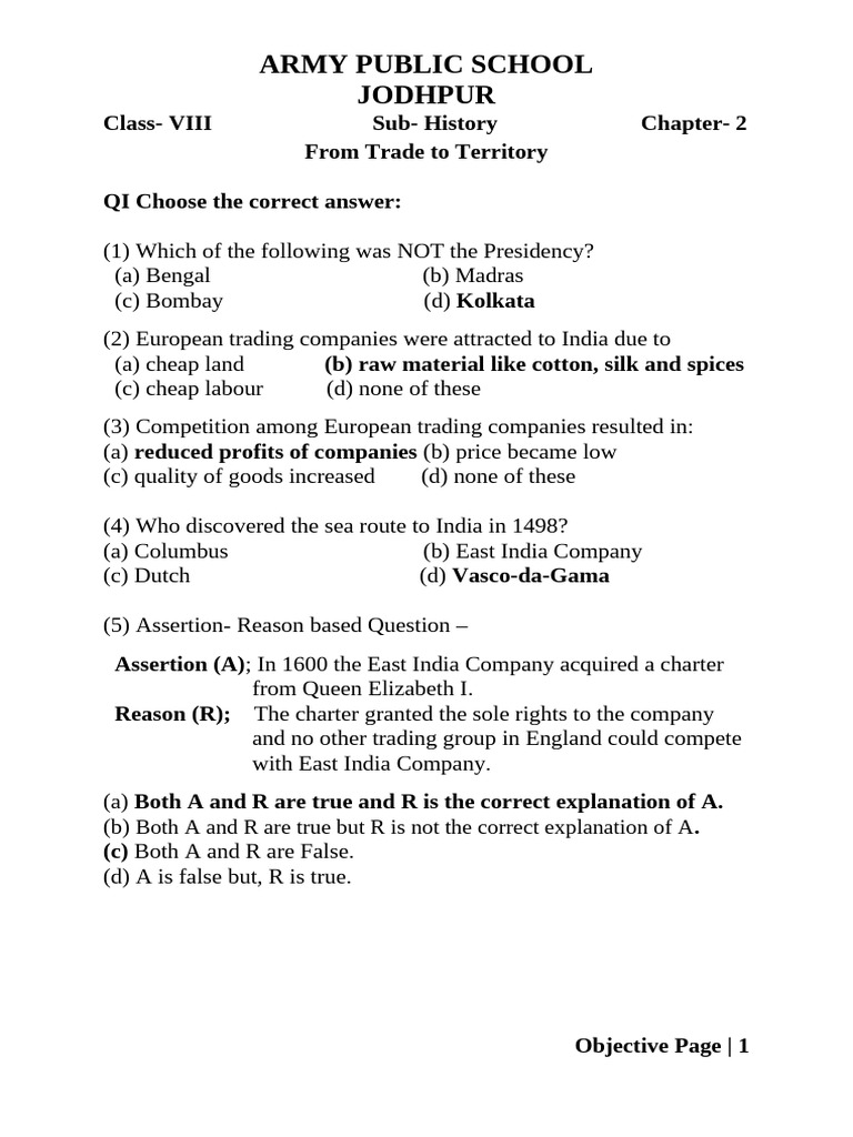 Class VIII History CH-2 Objective | PDF | East India Company | South Asia