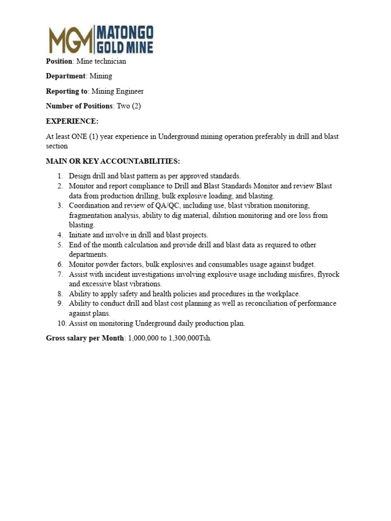 Mine Technician Job Overview | PDF