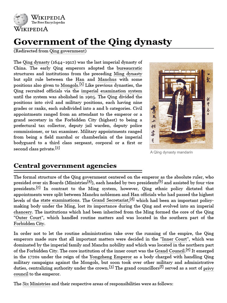 Qing Dynasty Government Structure | PDF | Qing Dynasty | Imperial China