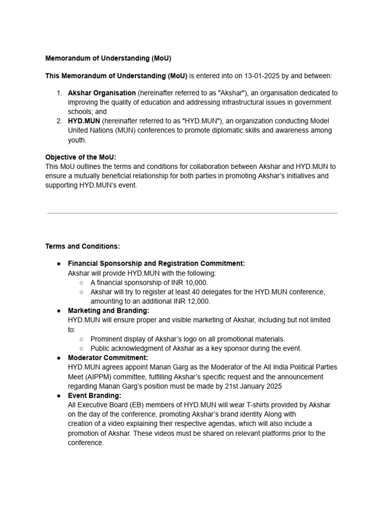 Memorandum of Understanding (MoU) | PDF
