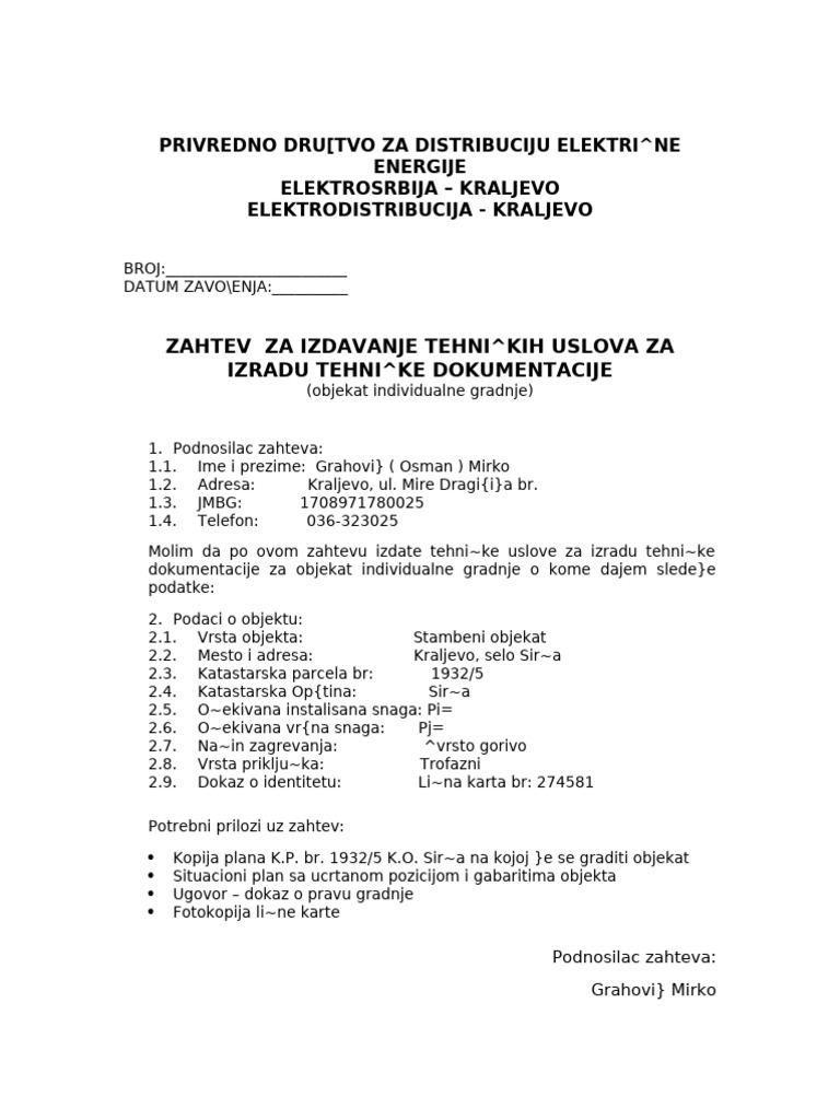 Zahtev za izdavanje tehnickih uslova za izradu tehnicke dokumentacije - Elektrodistribucija | PDF