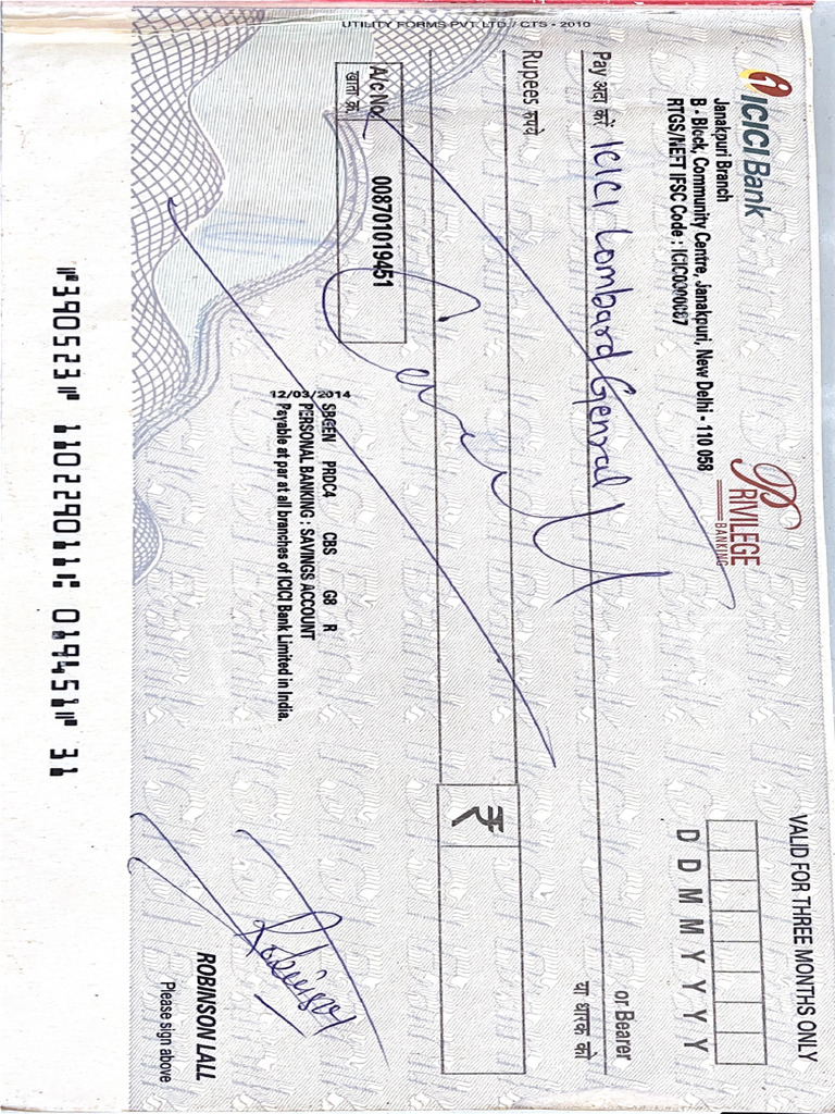 Cheque Copy ICICI Bank Account | PDF