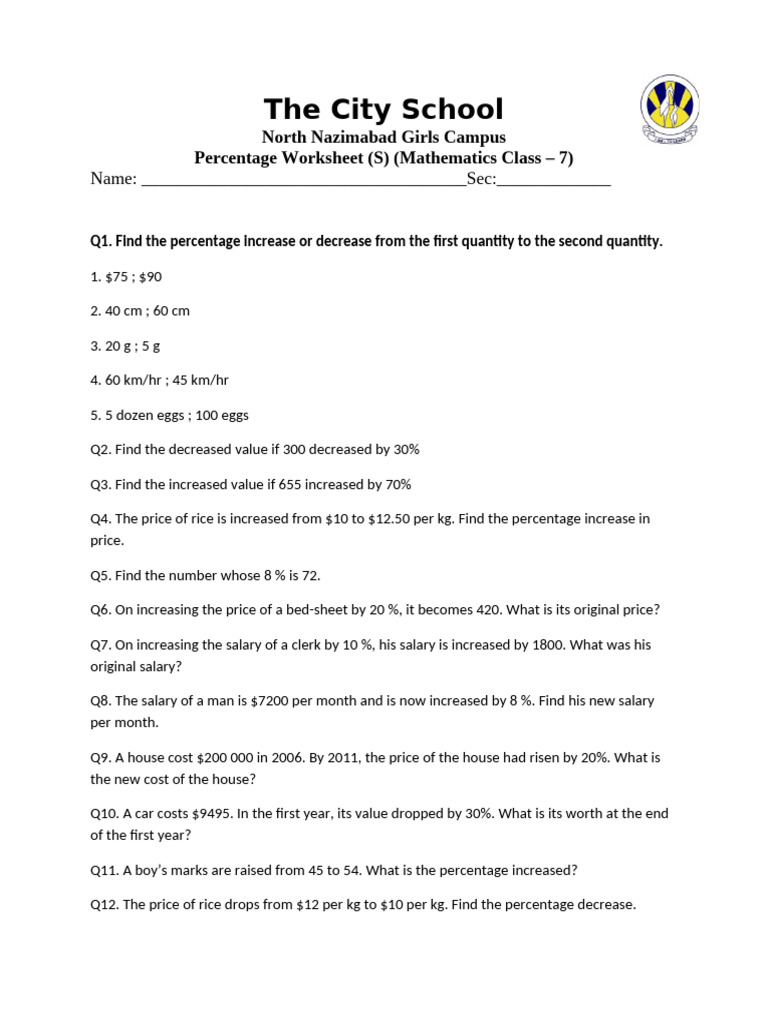 Math Percentage Problems for Grade 7 | PDF