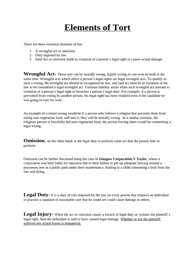 Types and Elements of Tort, Project by Neeraj, Ankush and Rishabh | PDF ...