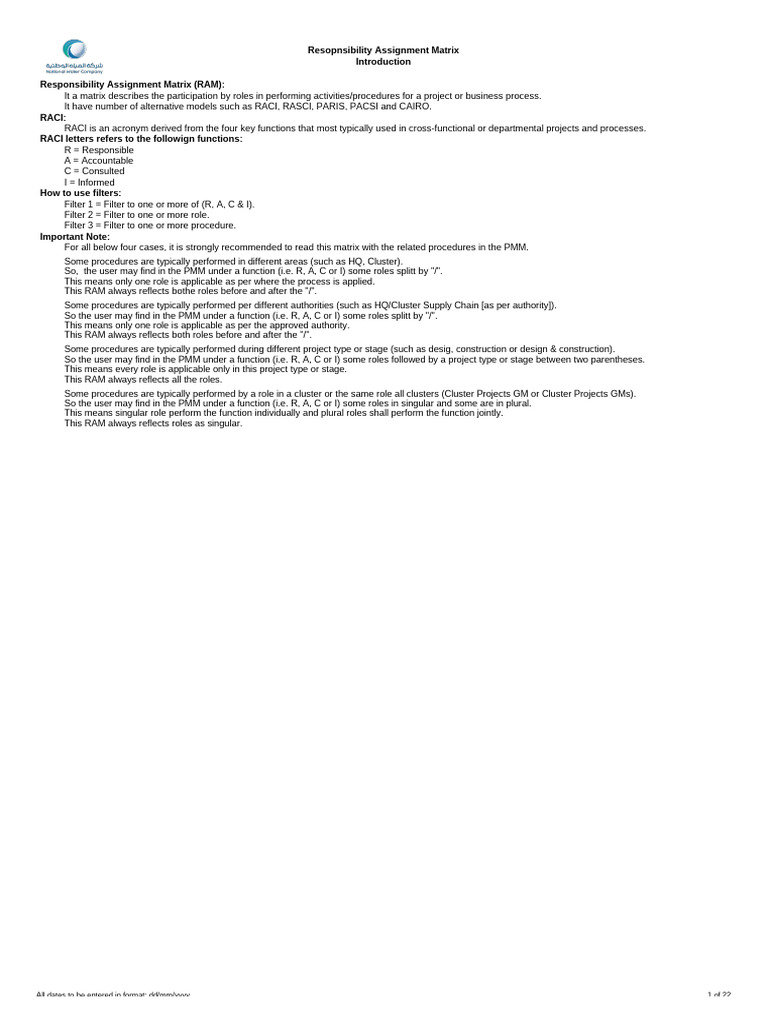 PMF-005-TEA-100_02 Responsibility Assignment Matrix RAM | PDF