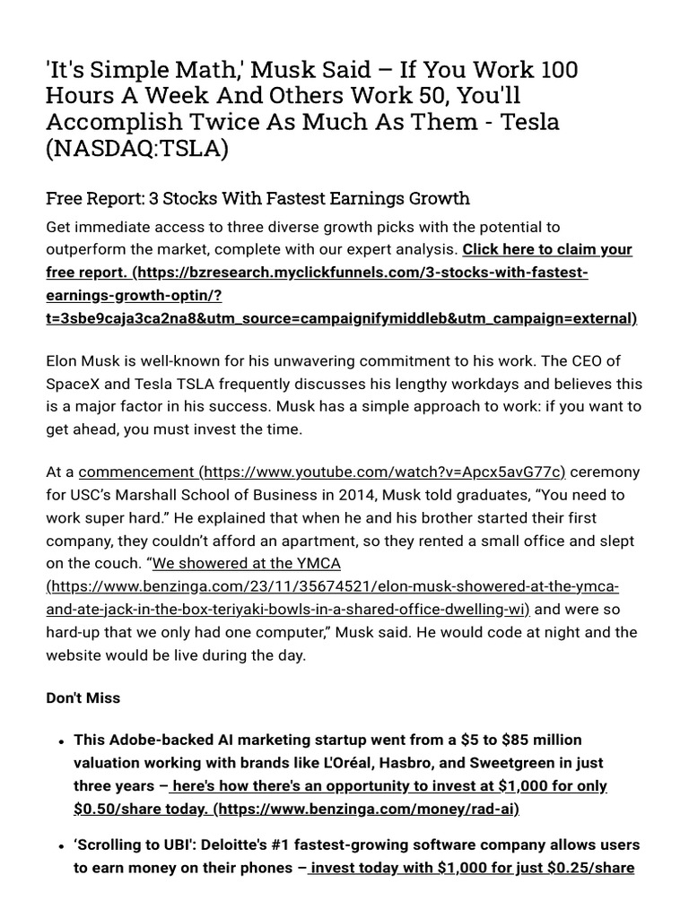 'It's Simple Math,' Musk Said - If You Work 100 Hours A Week and | PDF ...