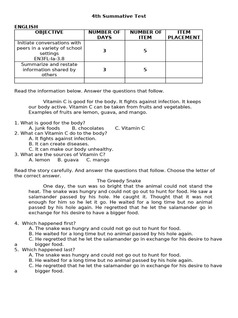 4th Summative Test | PDF