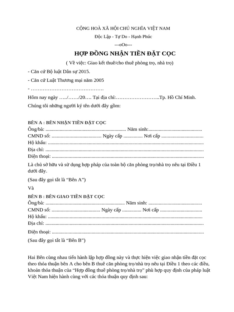 Hop Dong Dat Coc Thue Tro | PDF