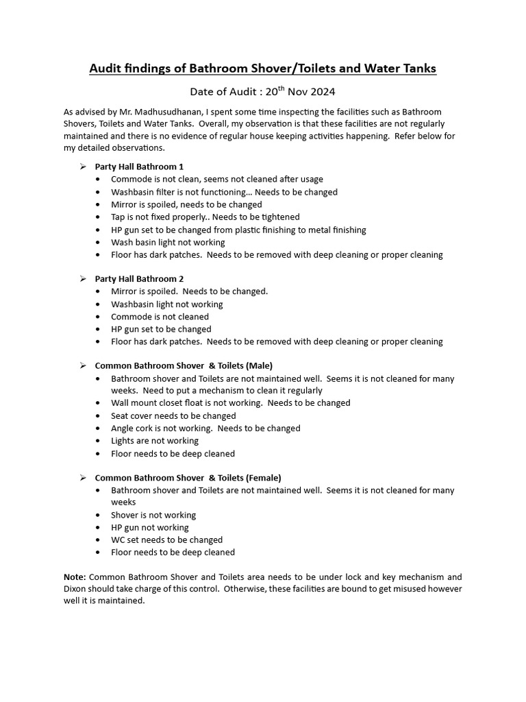 Audit findings of Bathroom Shover | PDF | Bathroom | Shower