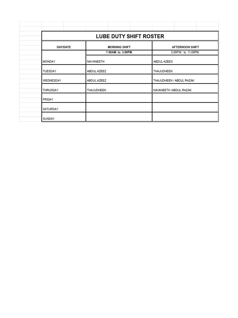 Lube Duty Shift Schedule | PDF