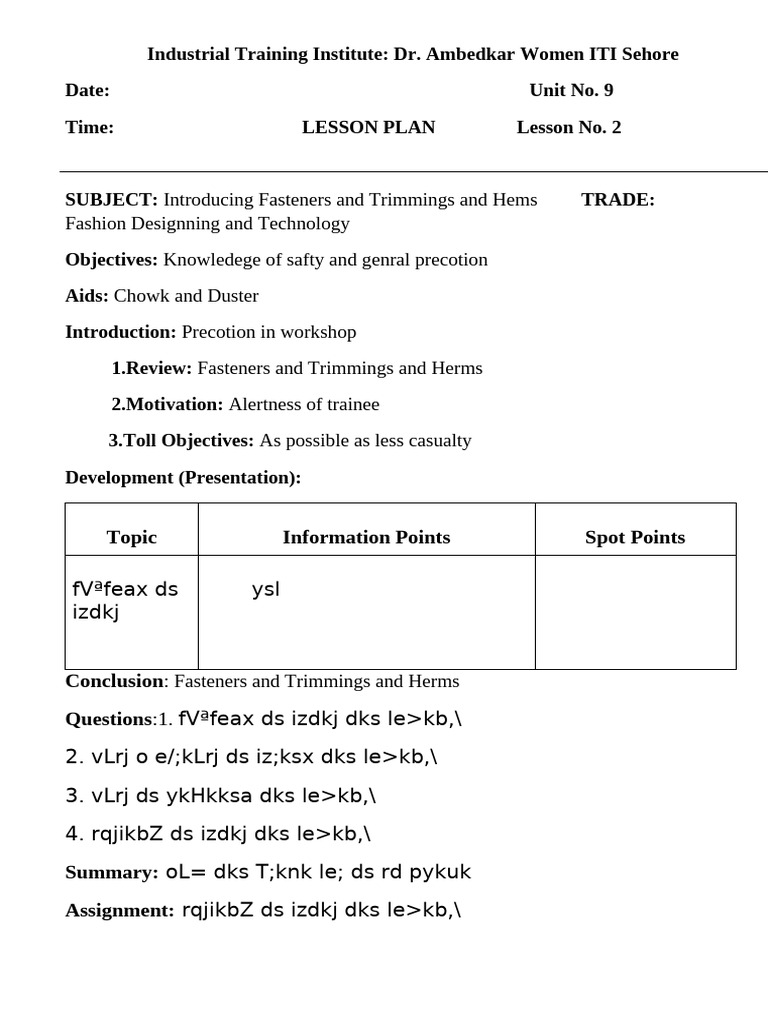 Industrial Training Institute: Dr. Ambedkar Women ITI Sehore Date: Unit ...