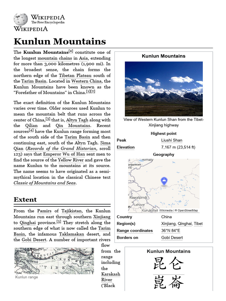 Kunlun Mountains - Wikipedia | PDF | China | World Politics