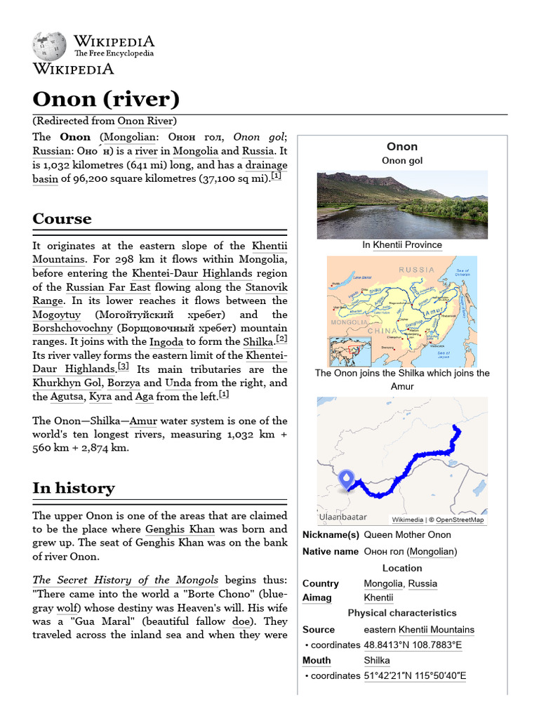 Onon (River) - Wikipedia | PDF | Earth Sciences | Mongol Peoples