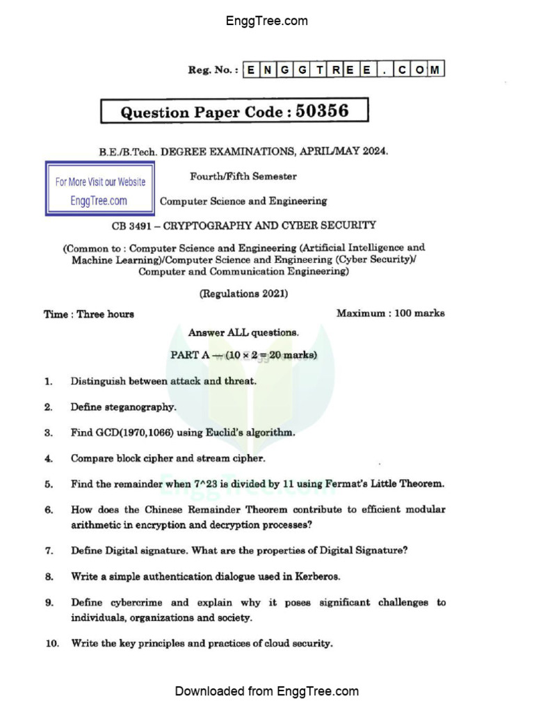 CB3491 Cryptography and Cyber Security Apr May 2024 Question Paper Download | PDF