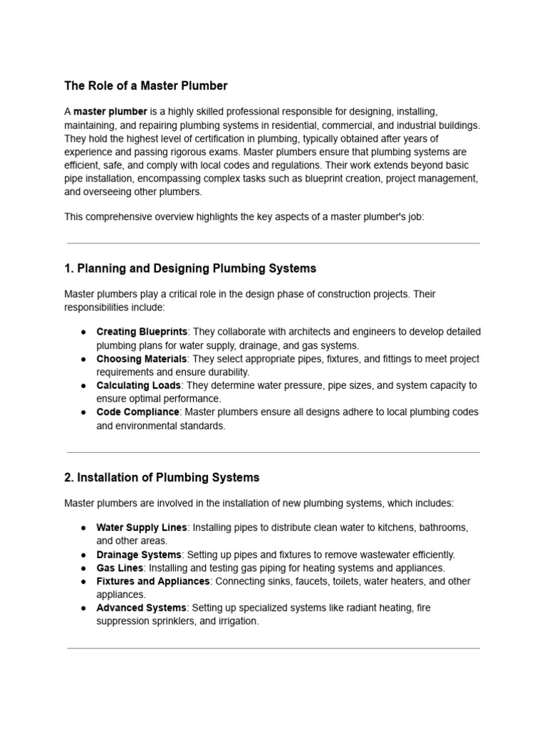 Master Plumber: Key Roles and Responsibilities | PDF | Plumbing ...