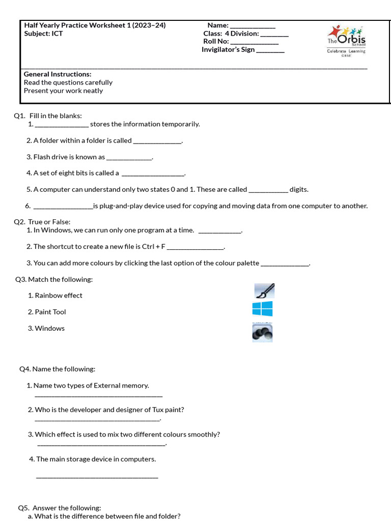 Class 4 ICT Worksheet 1 | PDF | Computer File | Computer Data Storage