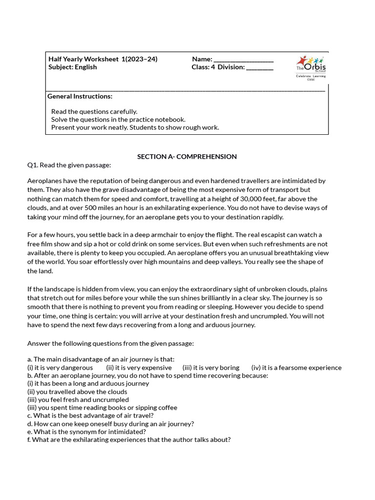 Class 4, English, WORKSHEET 1-2023-2024 | PDF | Noun | Linguistics