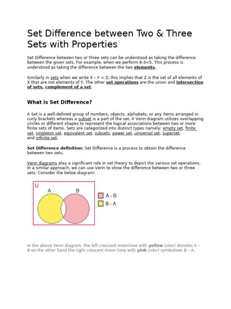 MMW Module Set Difference Between Two Sets Venn Diagram (1) | PDF | Set (Mathematics) | Empty Set