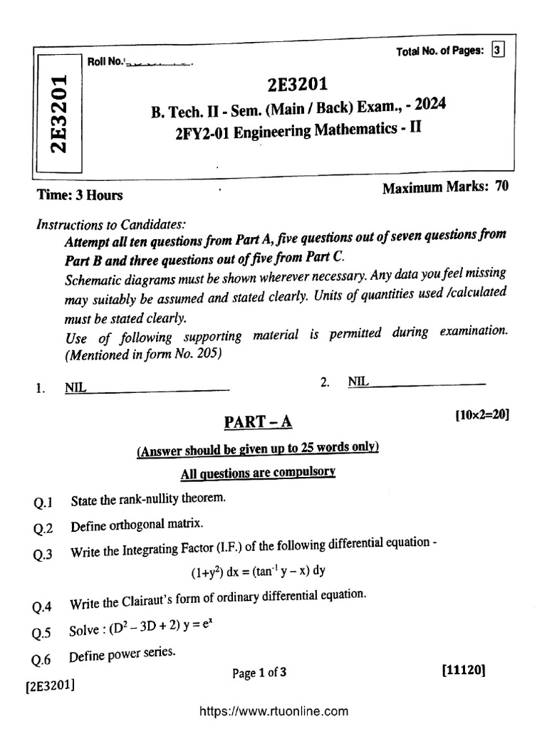 Btech 2 Sem Engineering Mathematics 2 2e3201 2024 | PDF