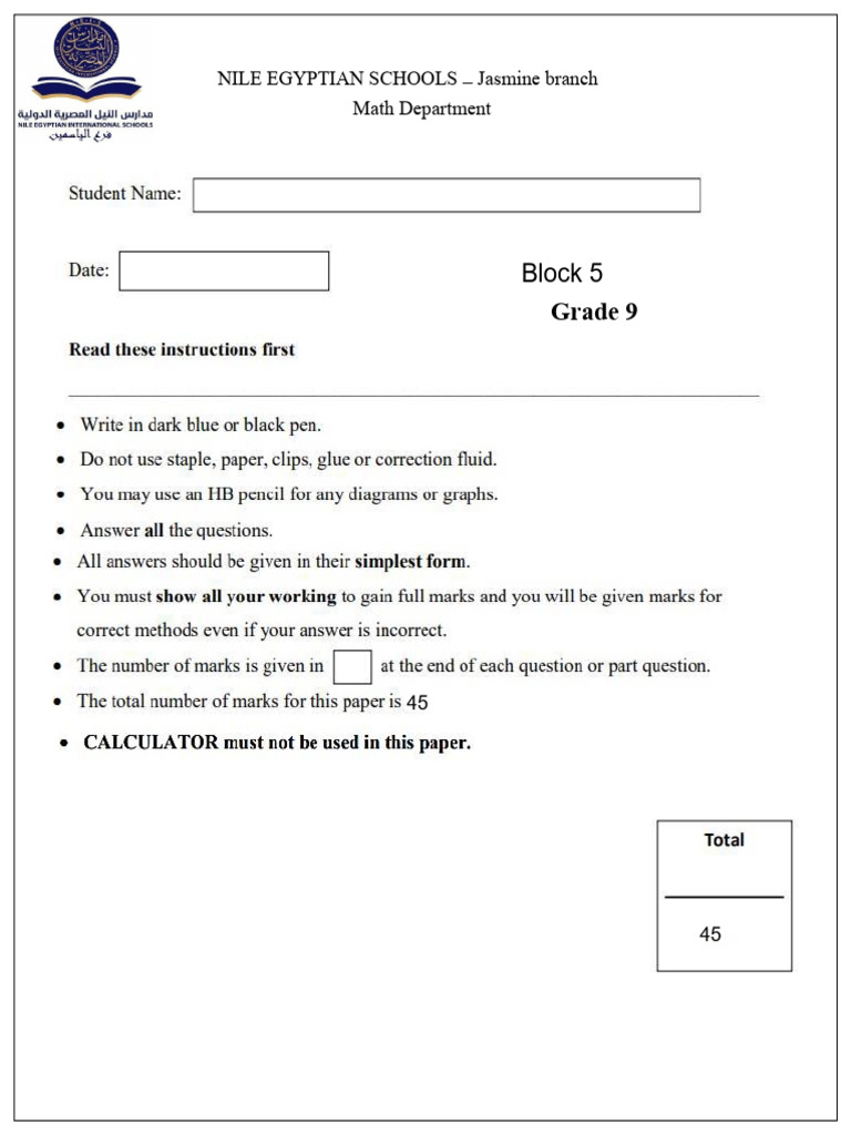 Grade 9 Math Worksheet - Nile Schools | PDF