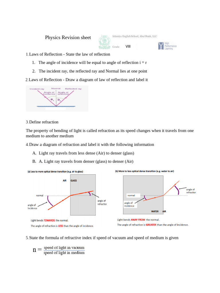 G8 Physics - Revision WS With Ans - R | PDF | Refraction | Density