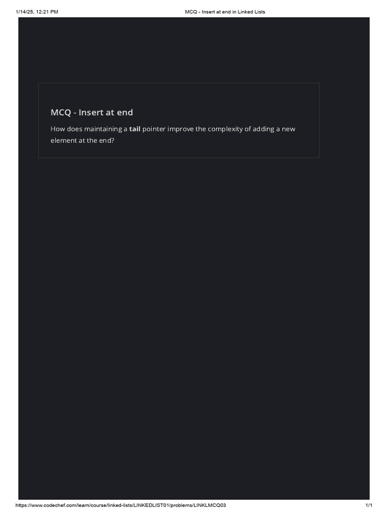 MCQ - Insert at End in Linked Lists | PDF